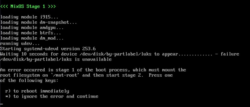 Stuck Waiting 10 seconds for luks device - Help - NixOS Discourse